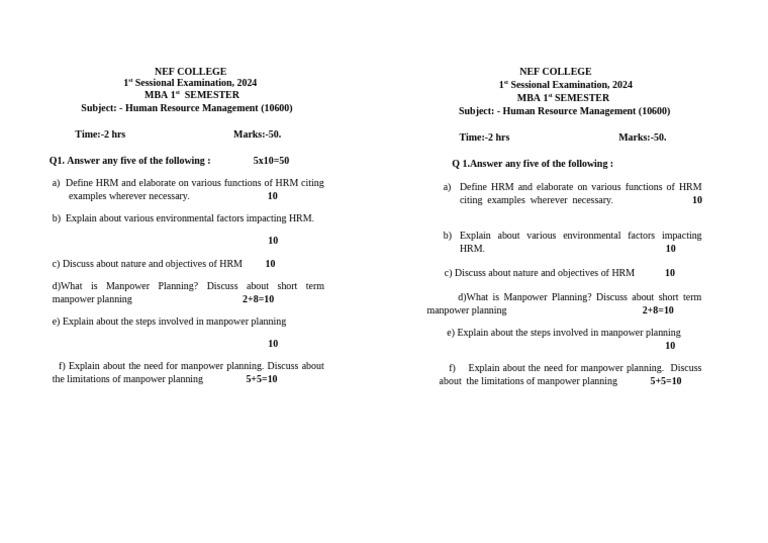 MBA 1st HRM Question Paper | PDF