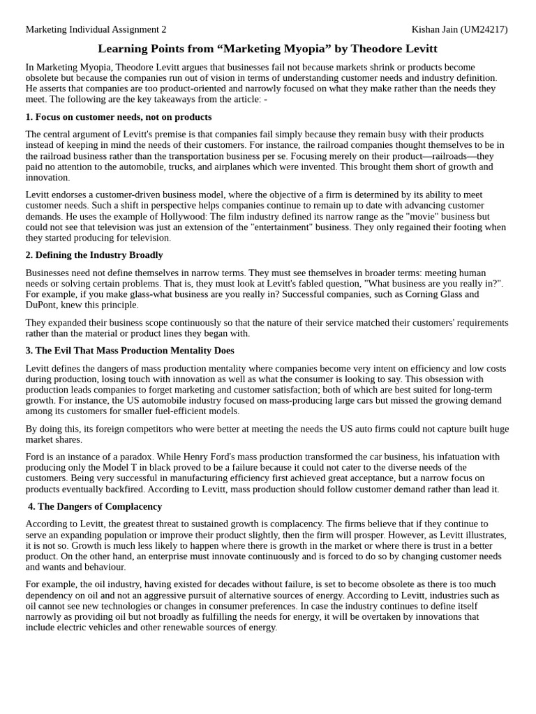 Individual Assignment 2 - MM1 - Marketing Myopia | PDF | Innovation | Mass Production