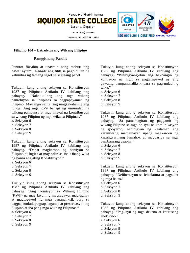 Filipino 208 POINTERS MIDTERM EXAM SY 24 25 BSED Fil II | PDF