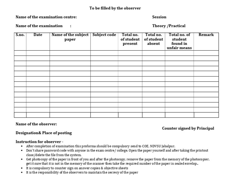 Examination Observer Report Template | PDF