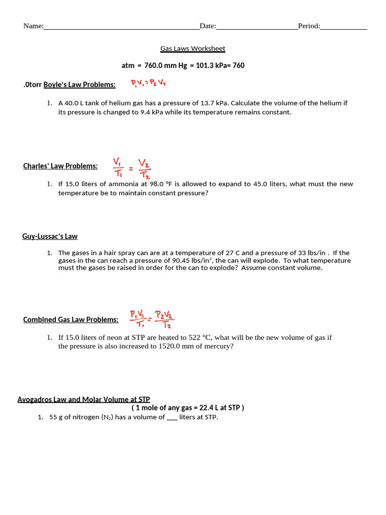 Gas Laws Worksheet Problems | PDF