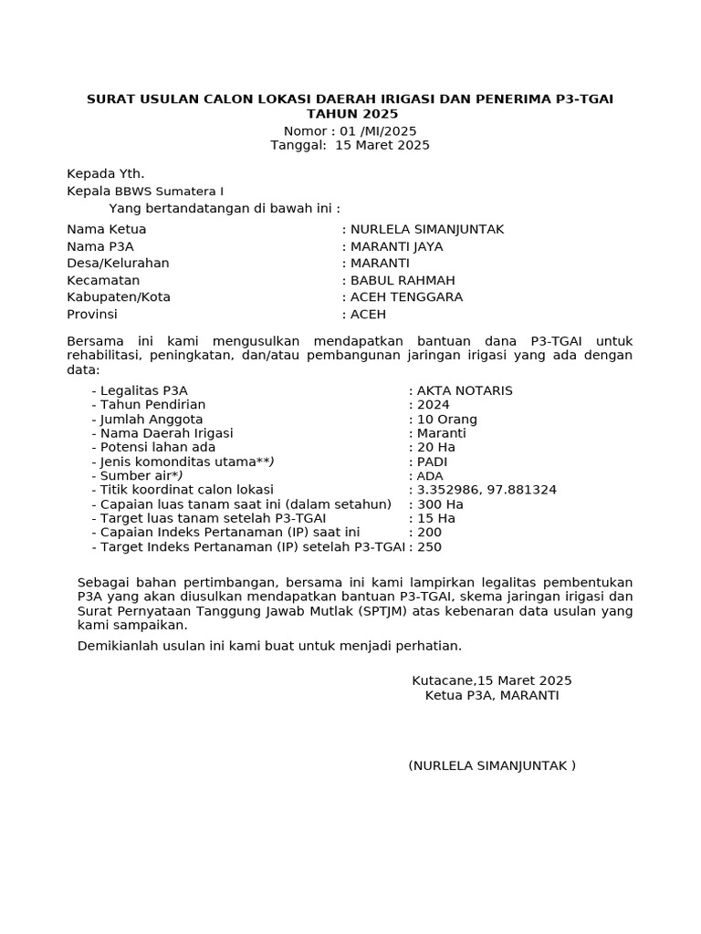 Usulan P3-TGAI Irigasi Maranti 2025 | PDF