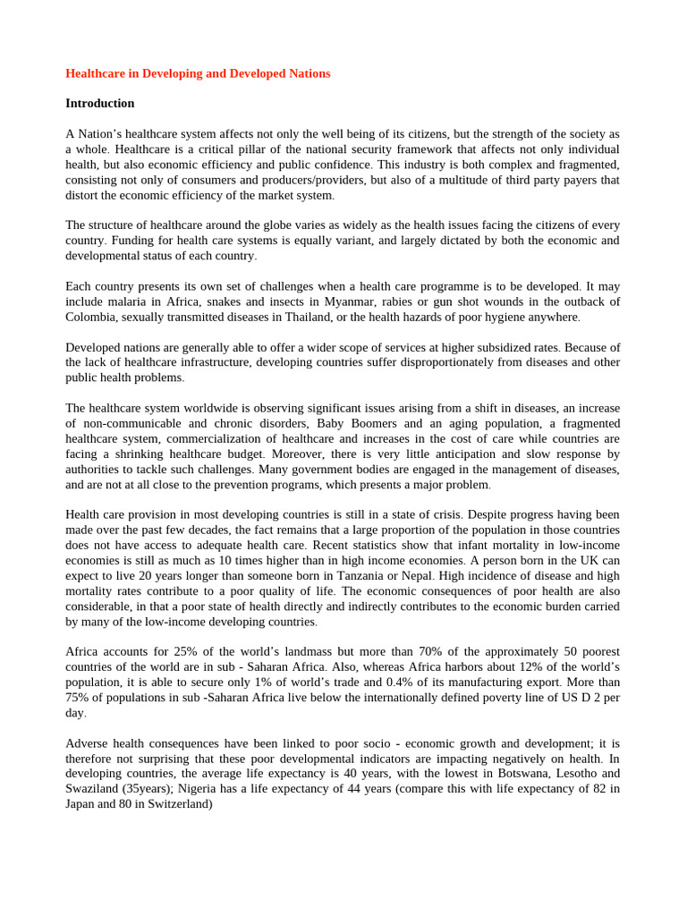 Notes - Healthcare in Developing and Developed Nations | PDF ...