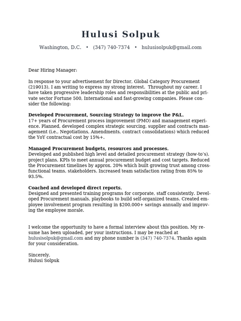 Cover Letter - Hulusi Solpuk - Procurement Exec | PDF