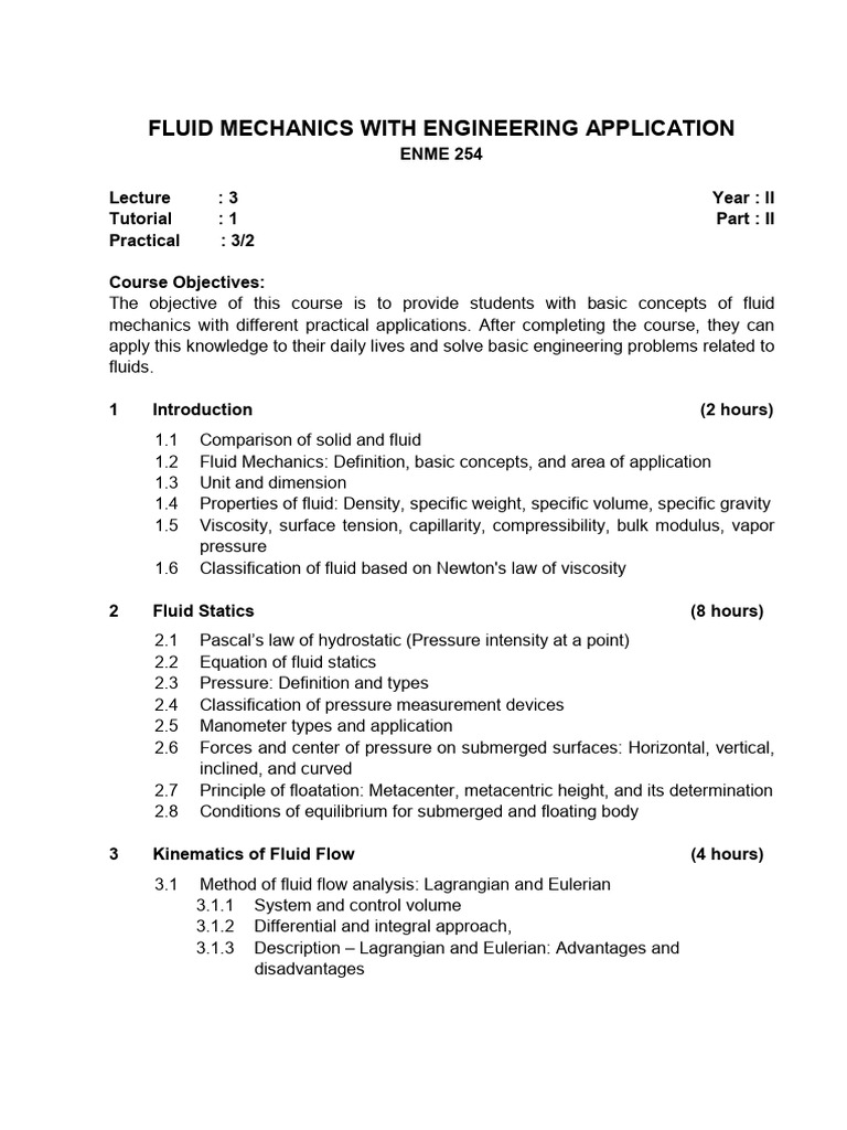 Me 254 Fluid Mechanics With Engineering Application | PDF | Fluid Dynamics | Flow Measurement