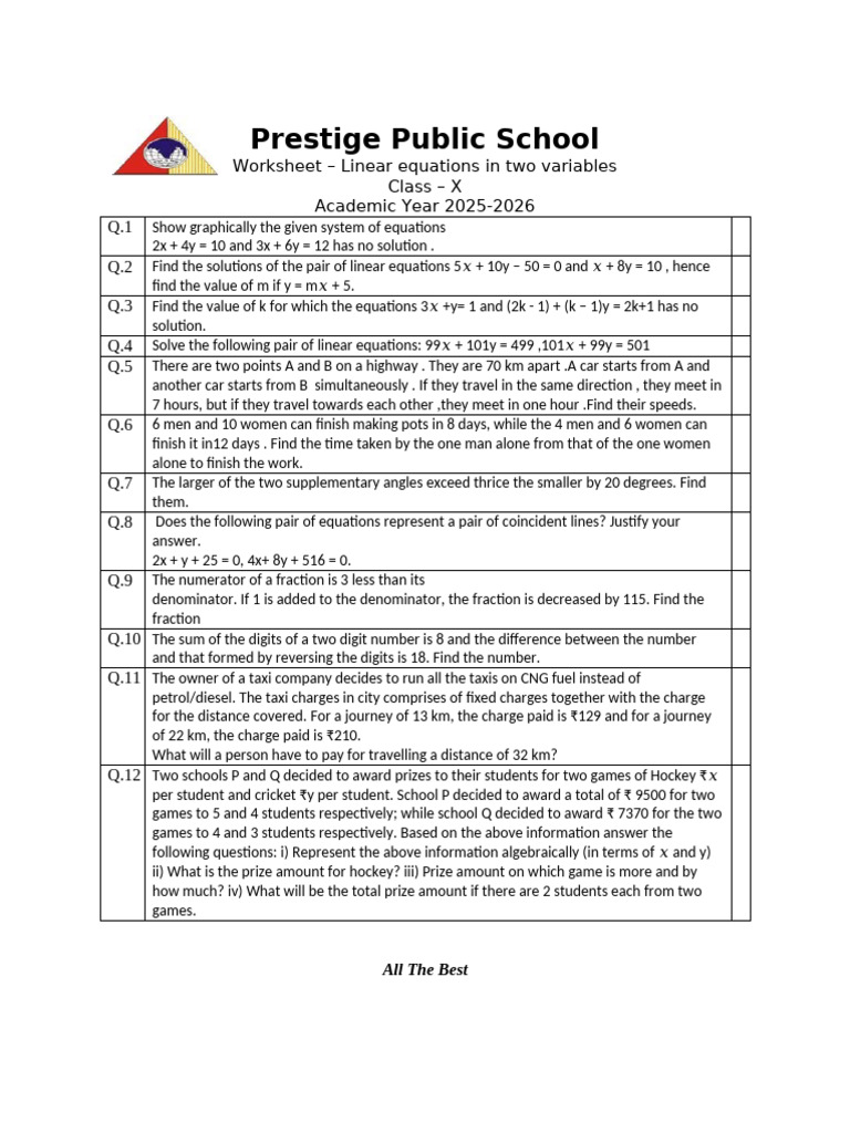 Class 10 Linear Equation in 2 Variables | PDF | Equations ...