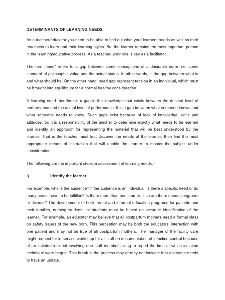 Determinants of Learning Needs | PDF | Learning | Teaching Method