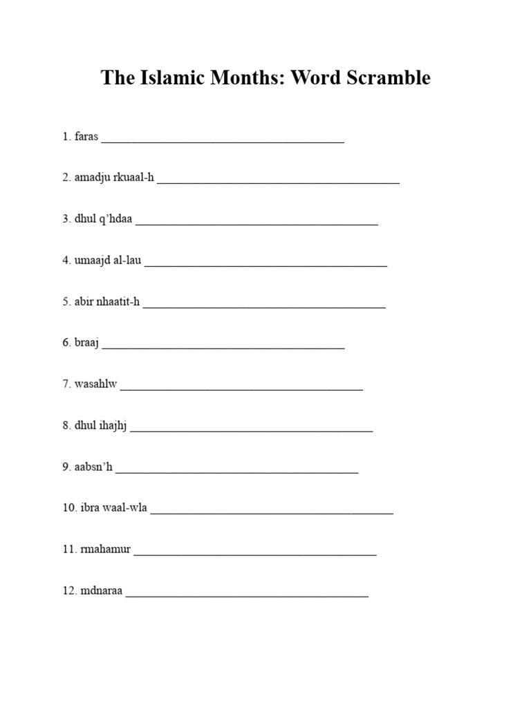 Islamic Months Word Scramble | PDF