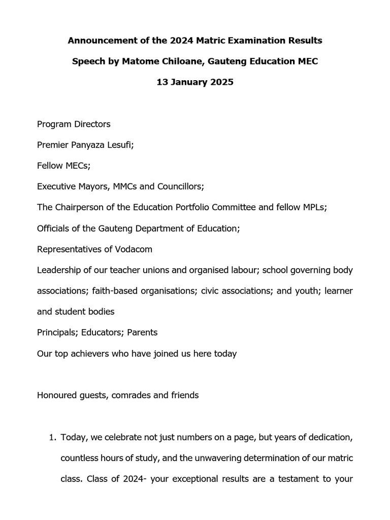 Media Statement - 2024 Announcement of Matric Results Speech by MEC ...