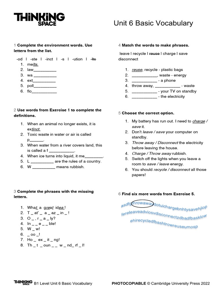 THKSP B1 Vocabulary Basic Unit 6 | PDF | Recycling | Waste