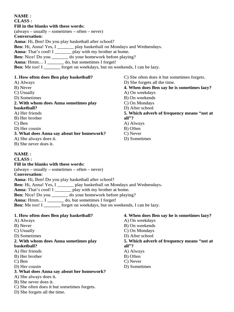 Adverb of Frequency Worksheet | PDF