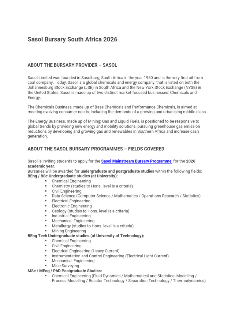Sasol Bursary Application 2026 Guide | PDF | Academic Degree | Engineering