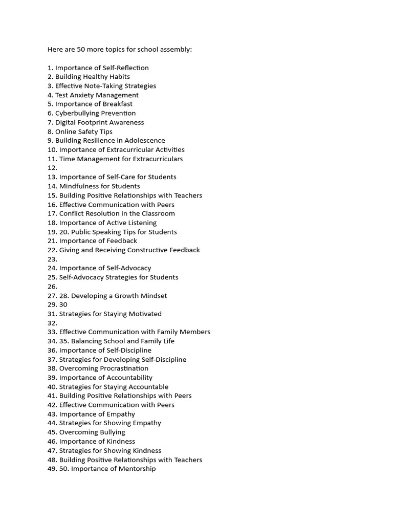 50 Unique Topics for School Assembly | PDF