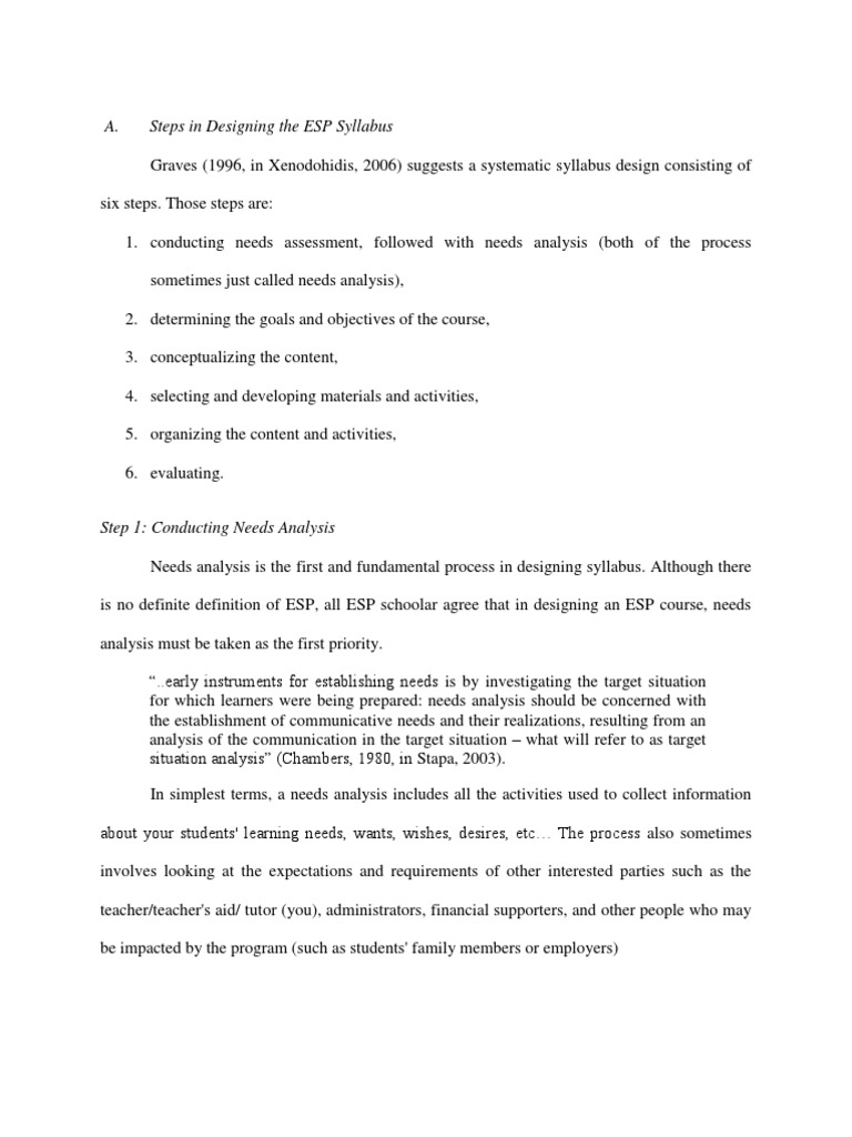 Steps in Designing The ESP Syllabus | PDF | Educational Assessment ...