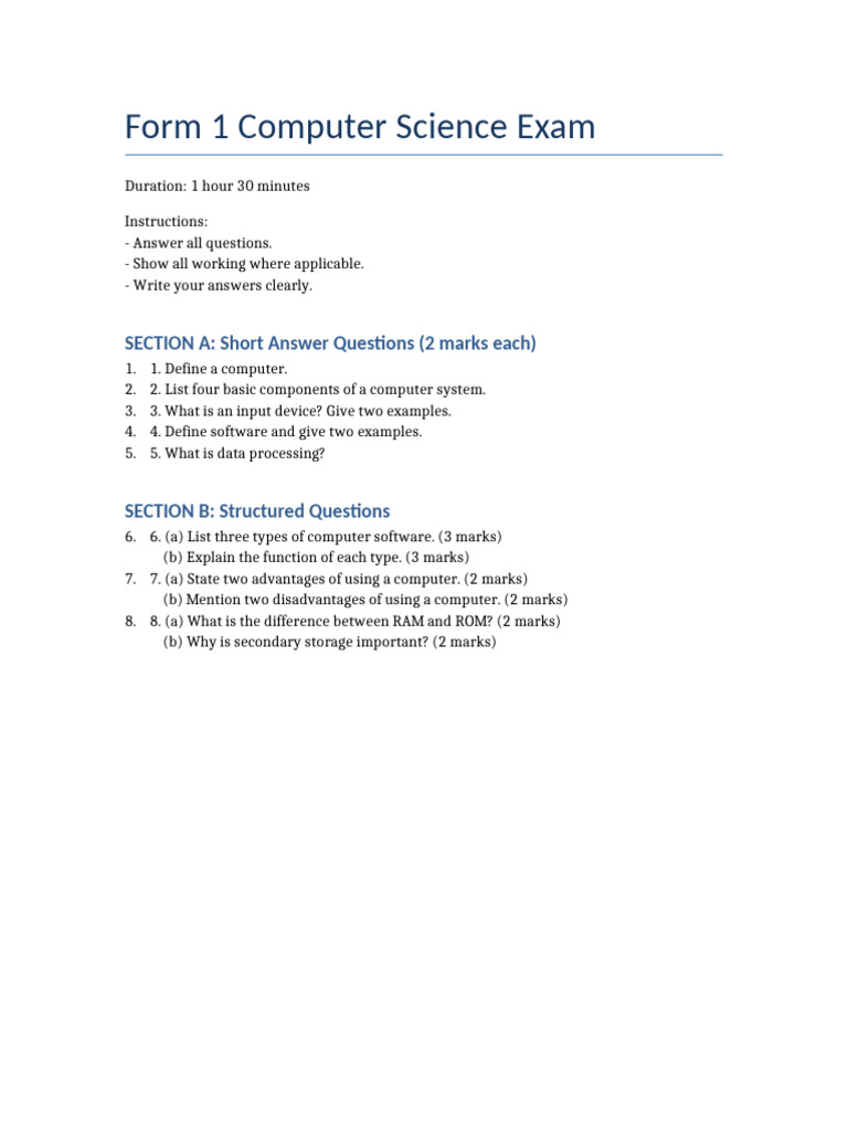 Form 1 Computer Science Exam | PDF