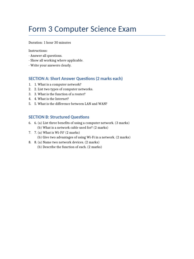 Form 3 Computer Science Exam Guide | PDF