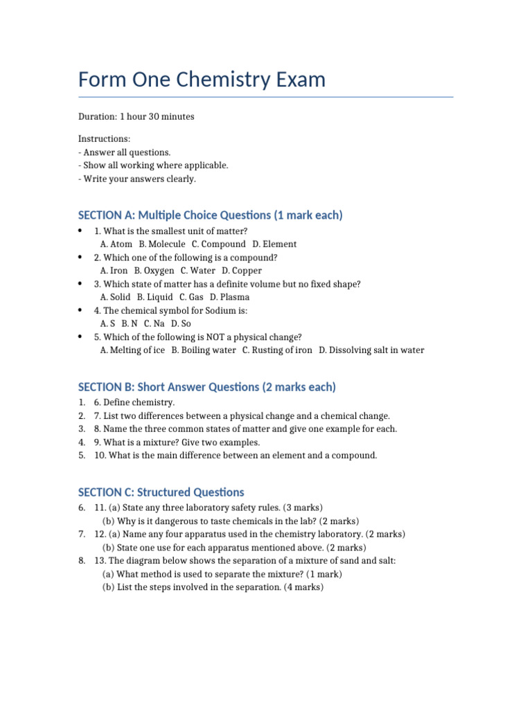 Form One Chemistry Exam | PDF
