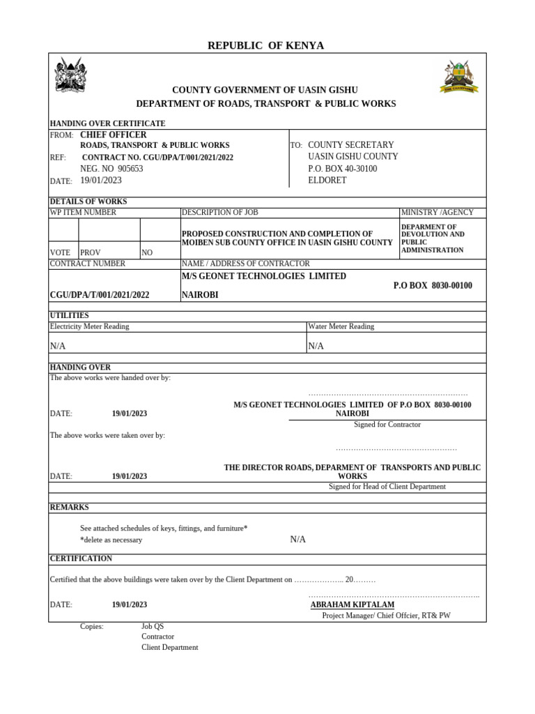 Handing Over Certificate - GEONET | PDF