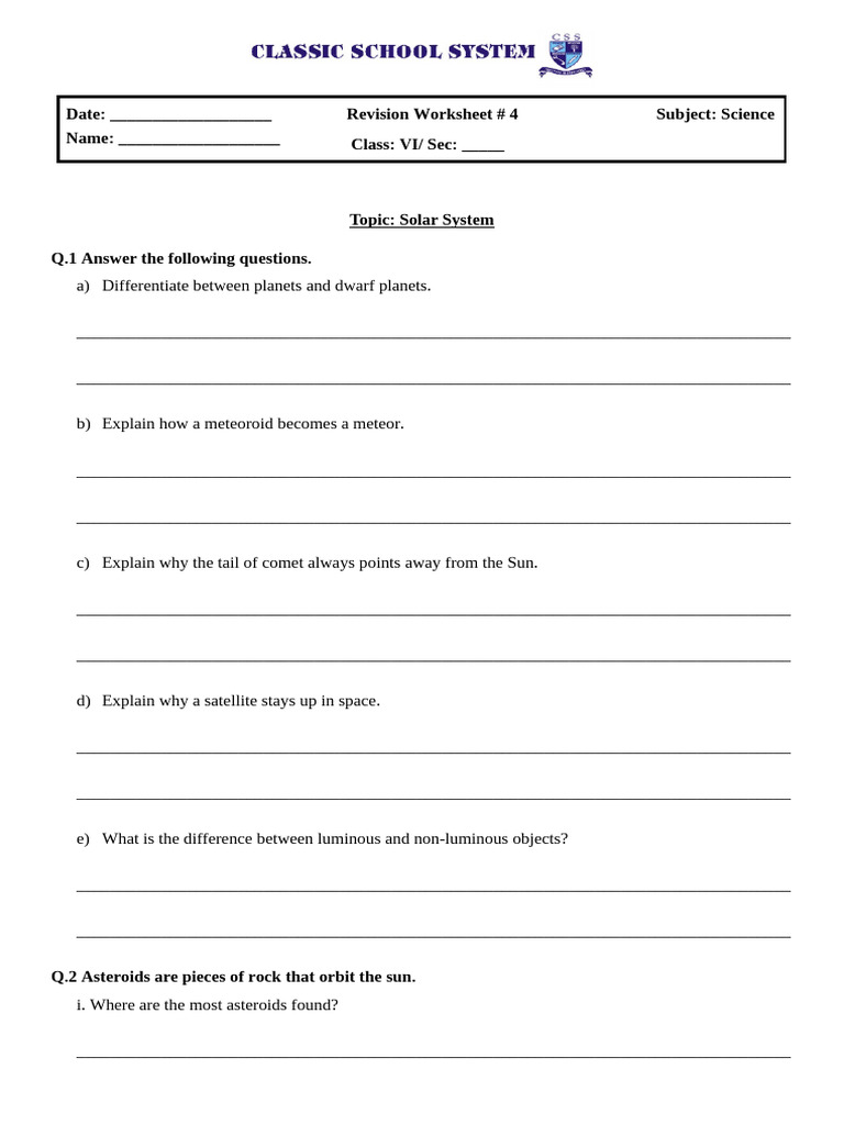 Revision Worksheet 4 (Unit 4 Solar System) | PDF | Solar System | Meteoroid