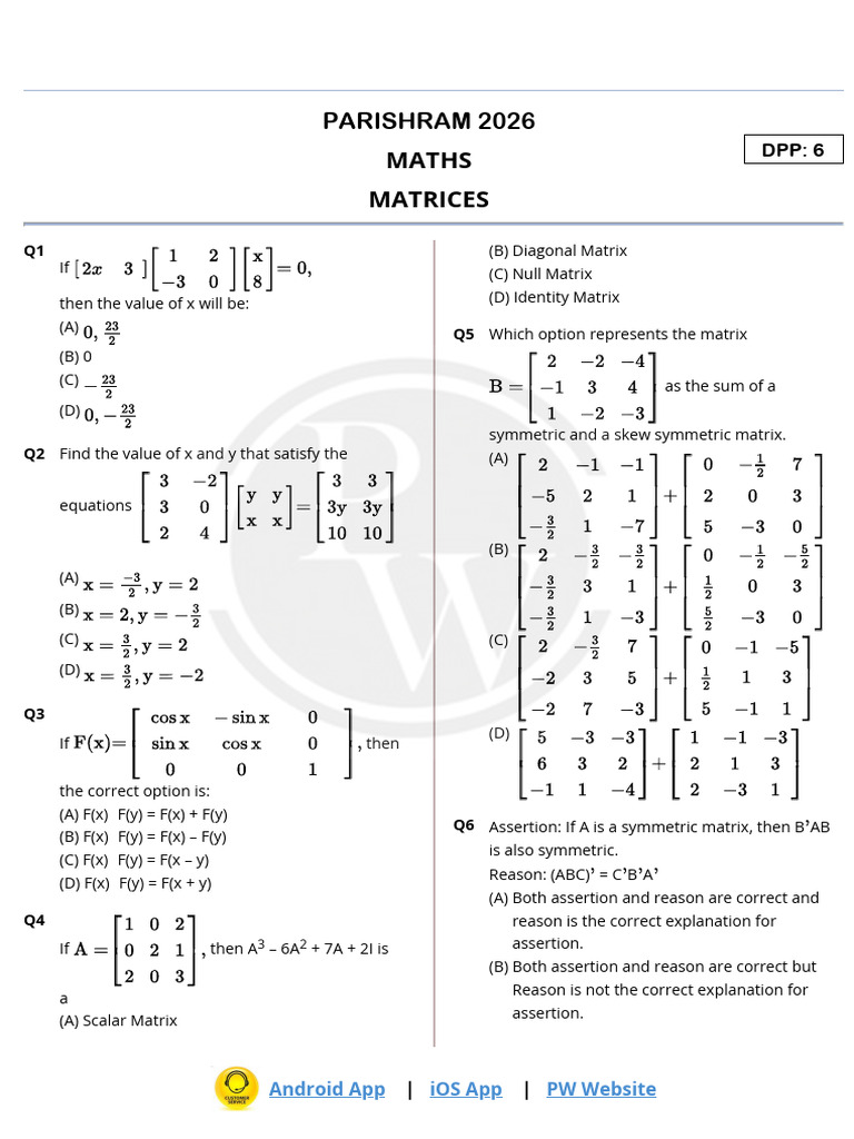 Matrices - DPP 06 (Of Lecture 07) - Parishram 2026 | PDF | Matrix (Mathematics) | Algebra