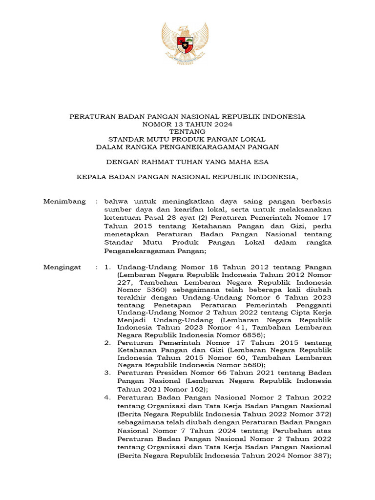 Peraturan Badan Pangan Nasional Nomor 13 Tahun 2024 Tentang Standar ...