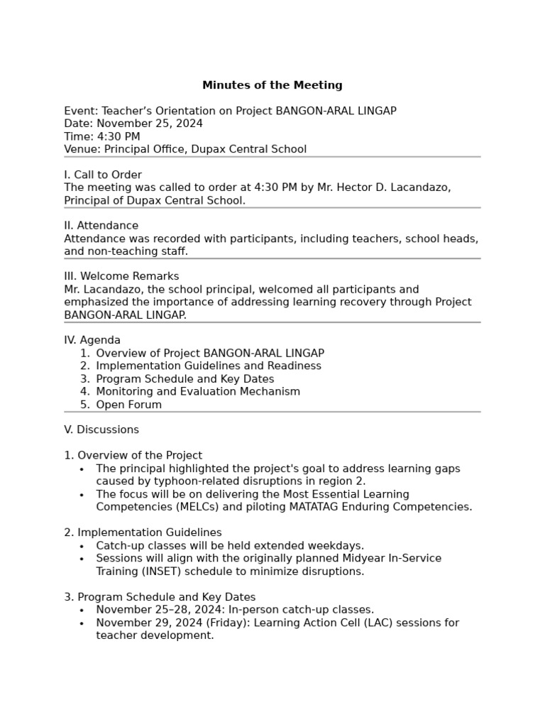 DCS - Minutes of The Meeting PROJECT BAGON-ARAL LINGAP | PDF | Learning ...