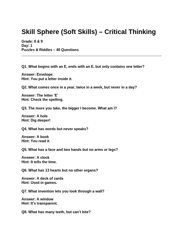 Critical Thinking Day 1 8th & 9th Grades | PDF