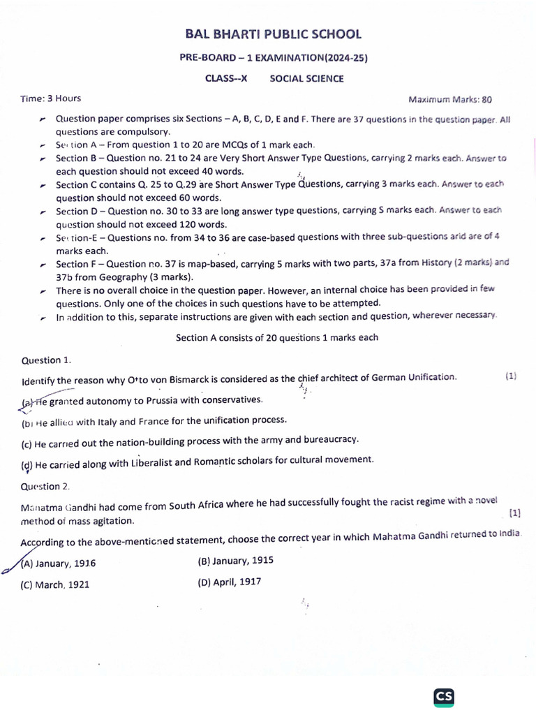 SST Class 10 Pre Board Paper | PDF