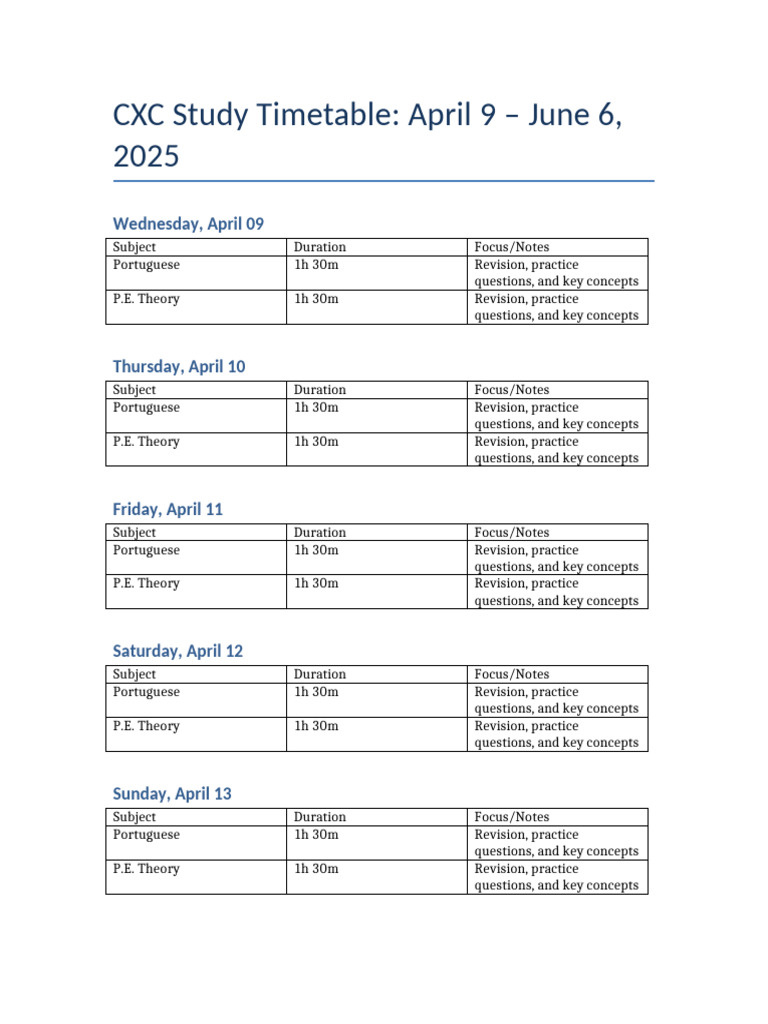 Full CXC Study Timetable Apr9 To Jun6 | PDF