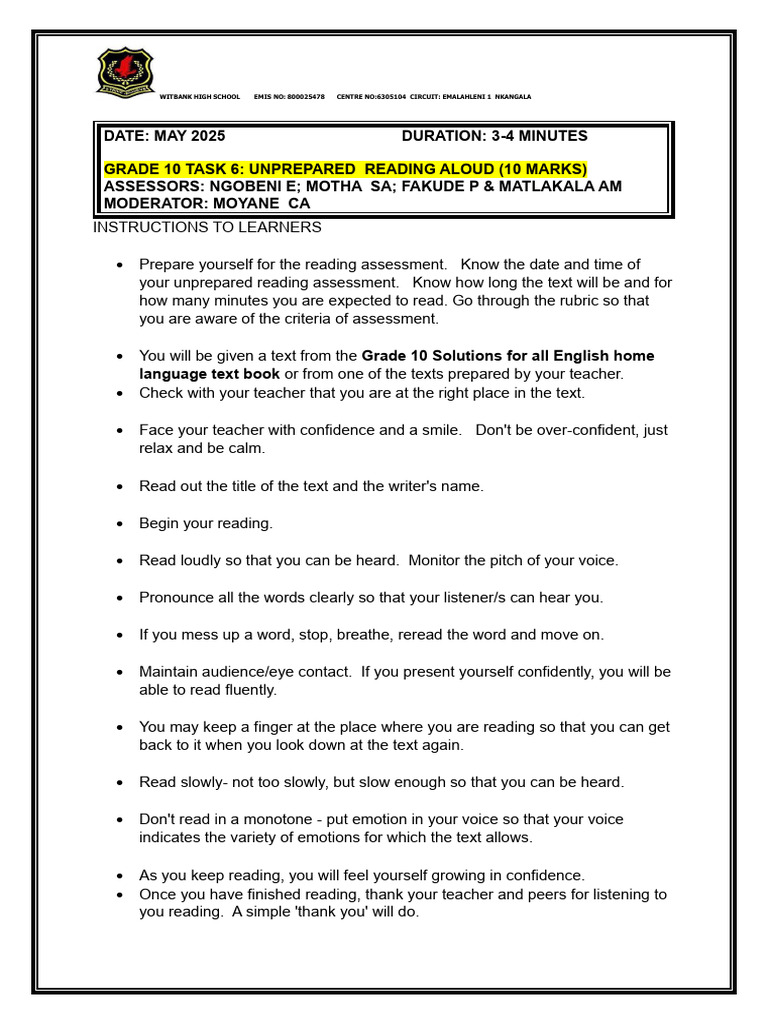 Task 6 Unprepared Reading Out Loud Complete | PDF