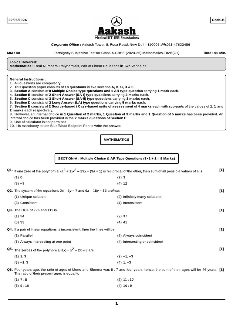 Rightpdf - FST-2B (CBSE - G-1) Maths (C-10) (22-06-2024) - Watermark | PDF