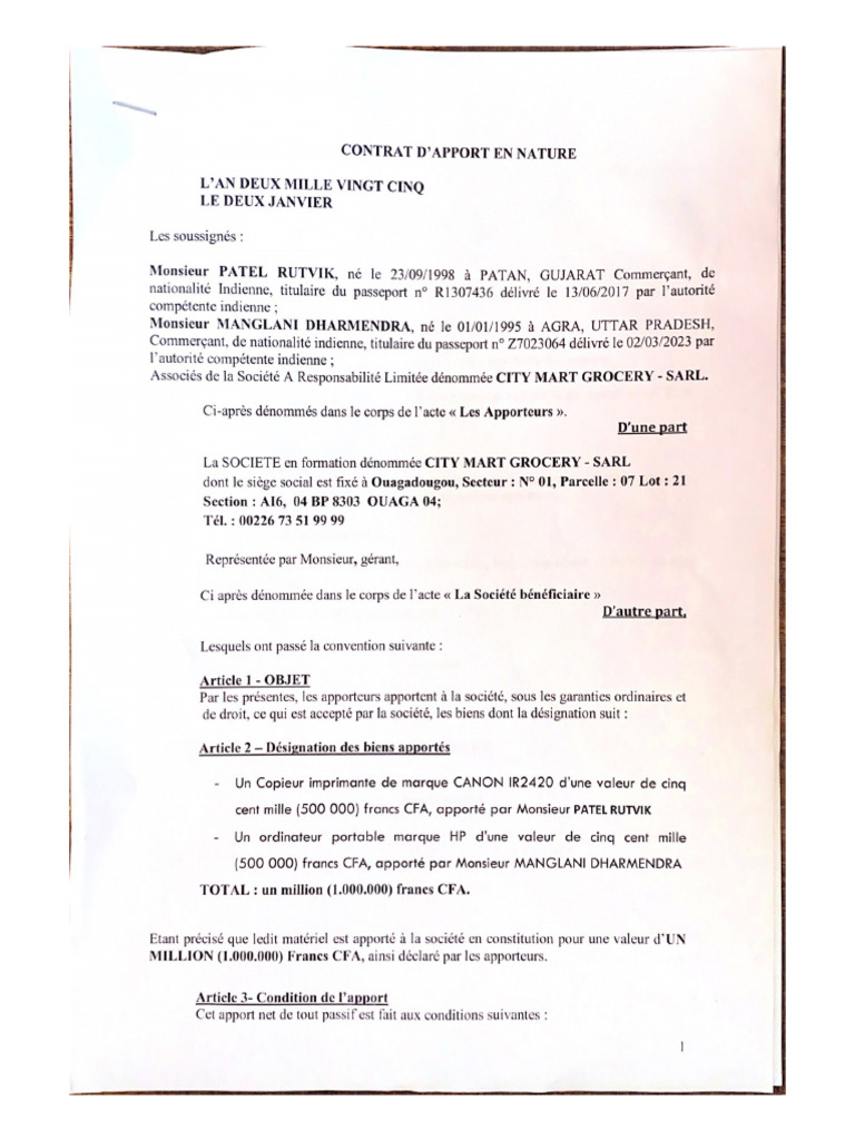 Contrat D'apport en Nature | PDF