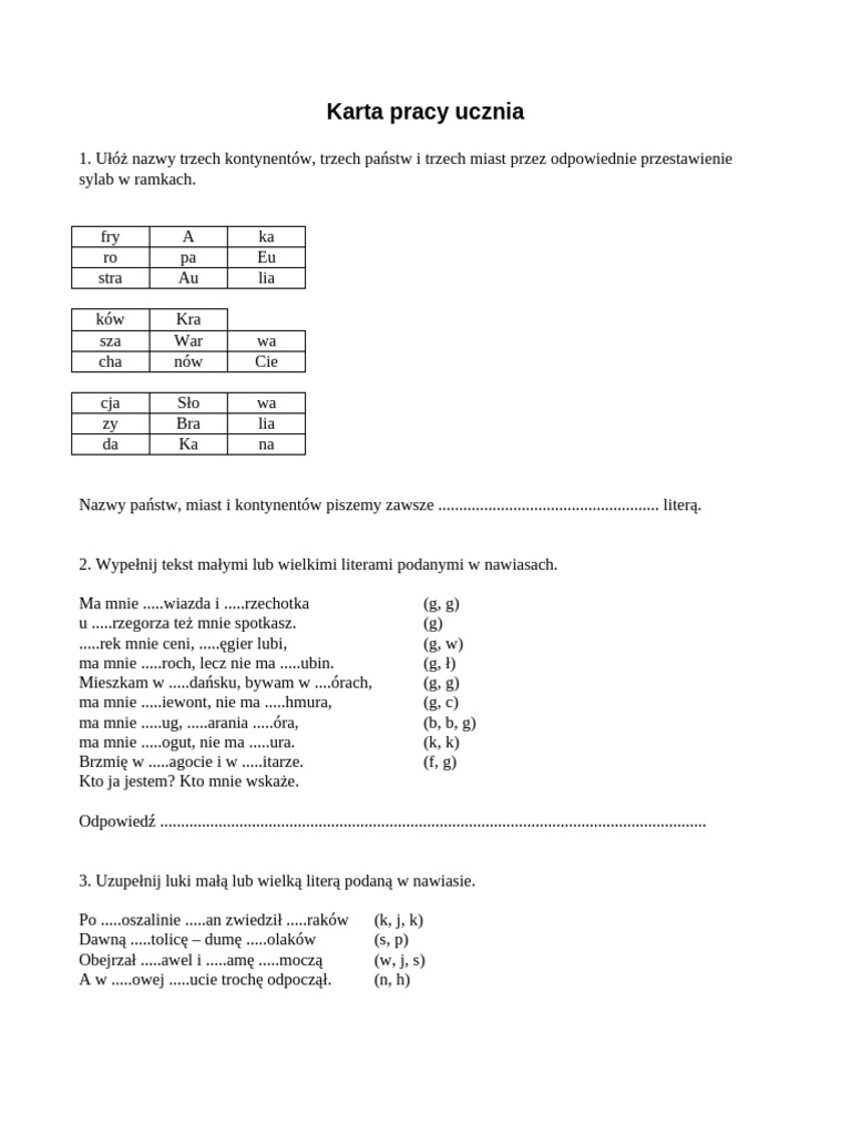 Karta Pracy - Pisownia Małą I Wielką Literą | PDF
