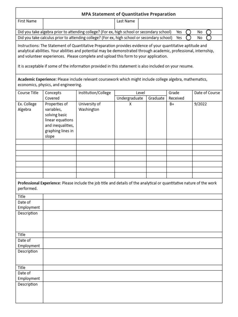 MPA Application Statement of Quantitative Preparation - Fillable Form | PDF