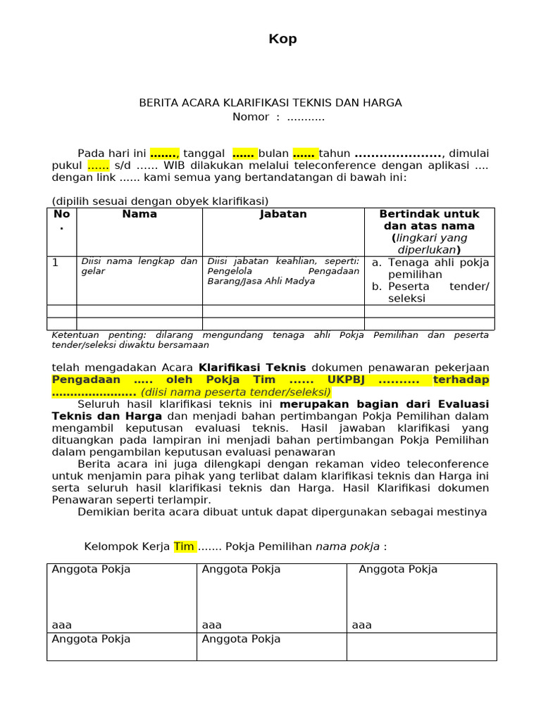 Form 9 BA Klarifikasi Teknis Dengan Tim AHLI Pokja | PDF