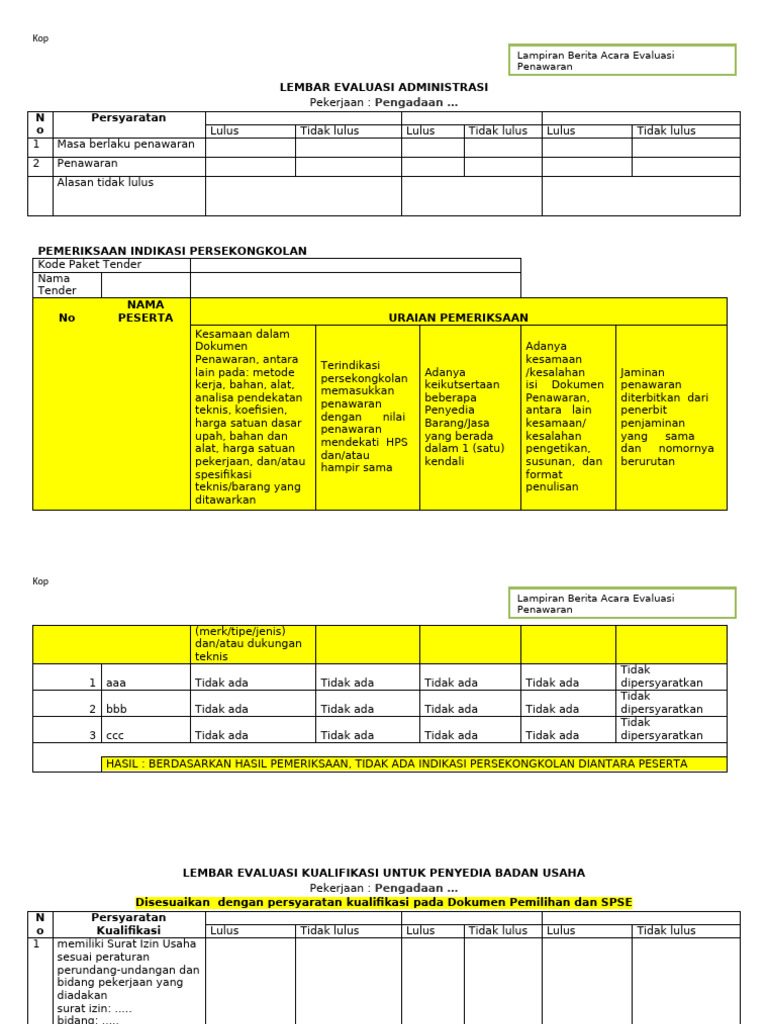 Form 11 Kertas Kerja Evaluasi Penawaran Barang or Jasa Lainnya | PDF