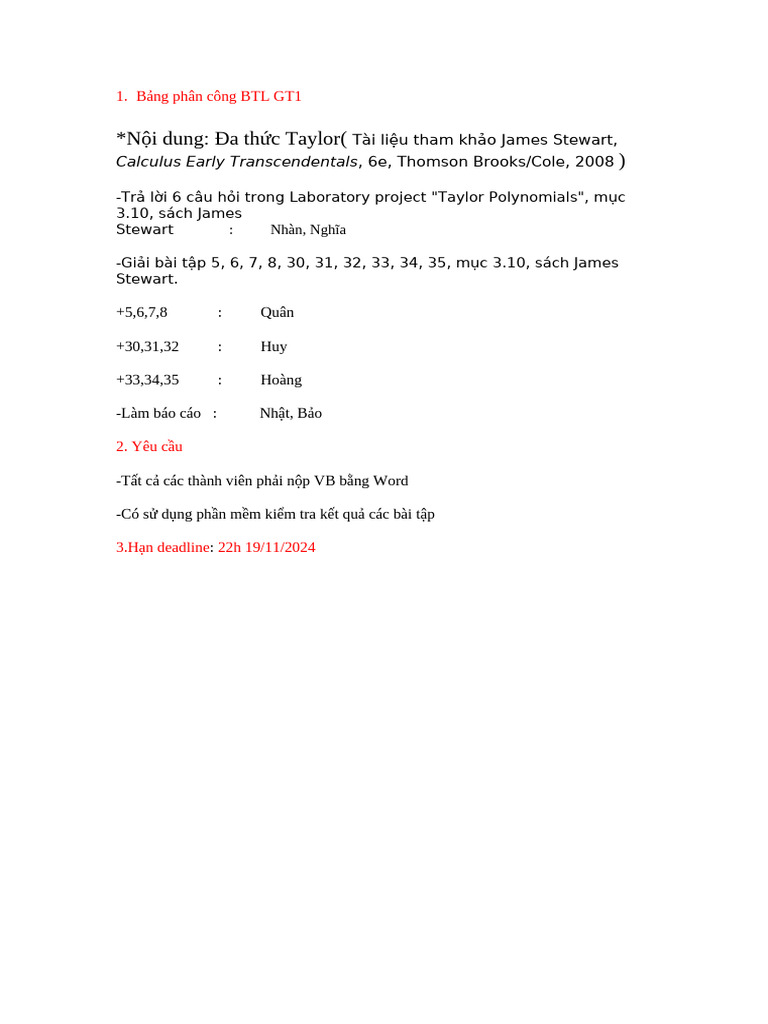 Bảng Phân Công BTL GT1 | PDF