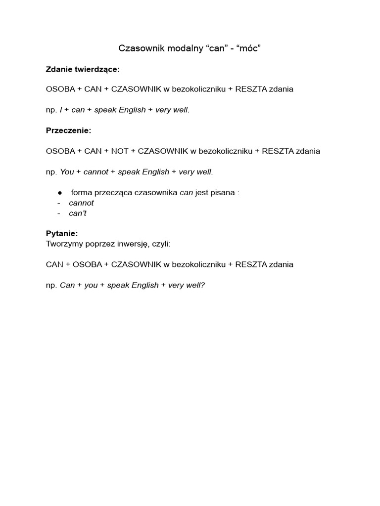 Czasownik Modalny "Can" - "Móc" | PDF