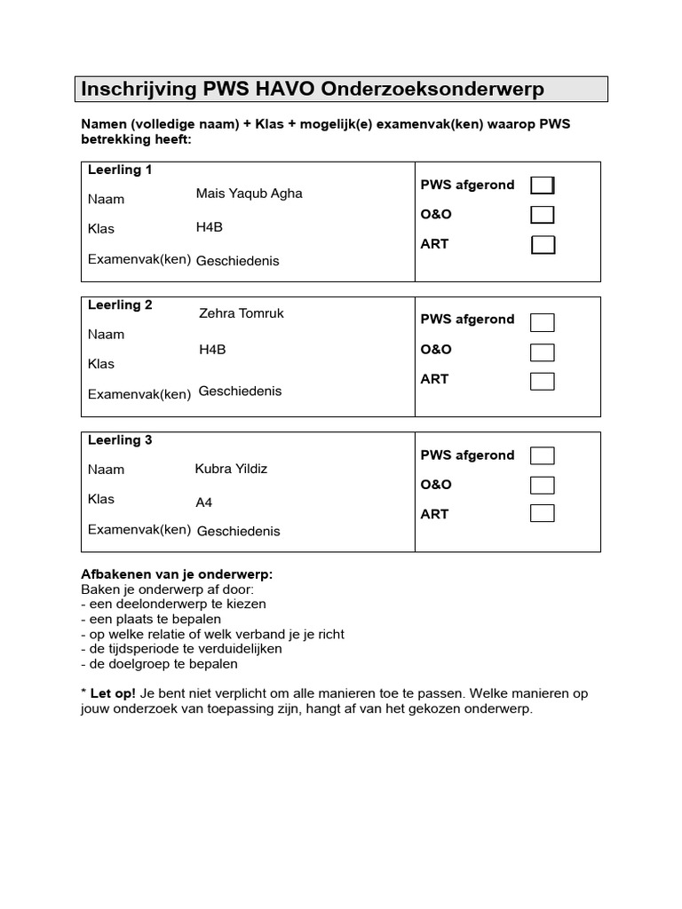 2526 Opdracht 1 Inschrijving PWS Onderzoeksonderwerp Havo Invulbaar | PDF