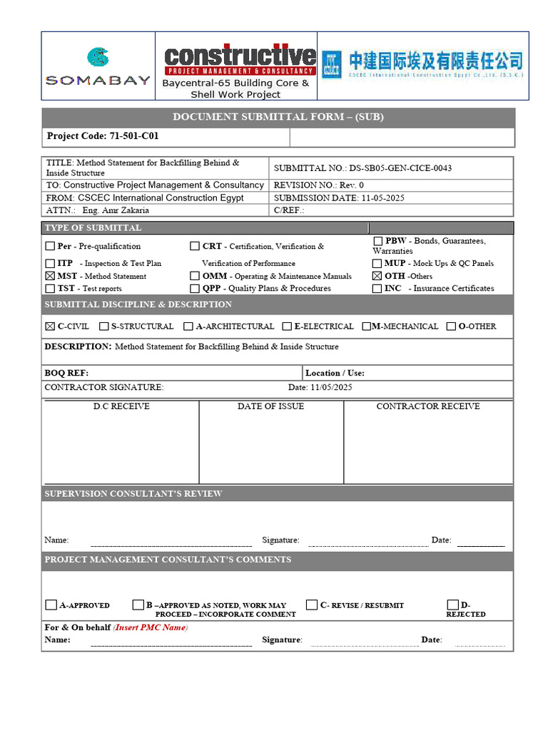 Method Statement For Backfilling Behind & Inside Structure | PDF