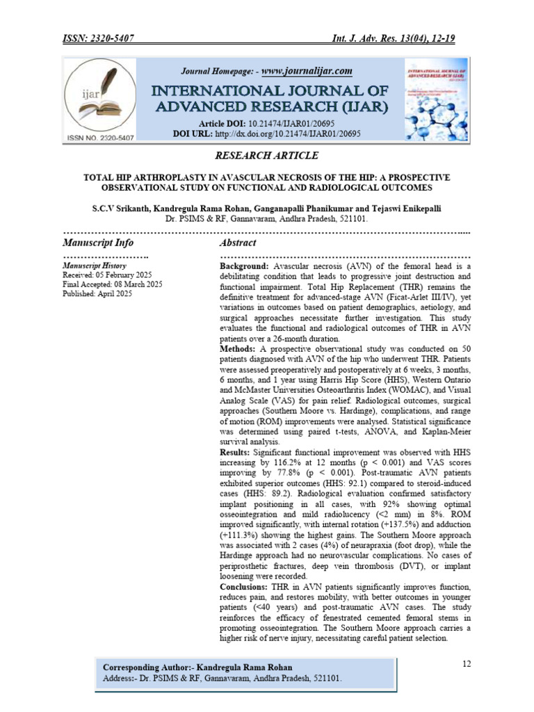 Total Hip Arthroplasty in Avascular Necrosis of The Hip: A Prospective ...