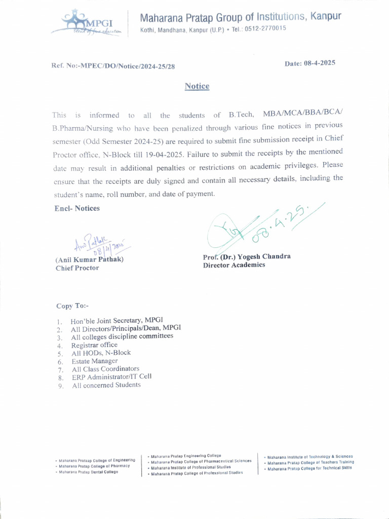 Notice For Students Regarding Fine Receipt | PDF