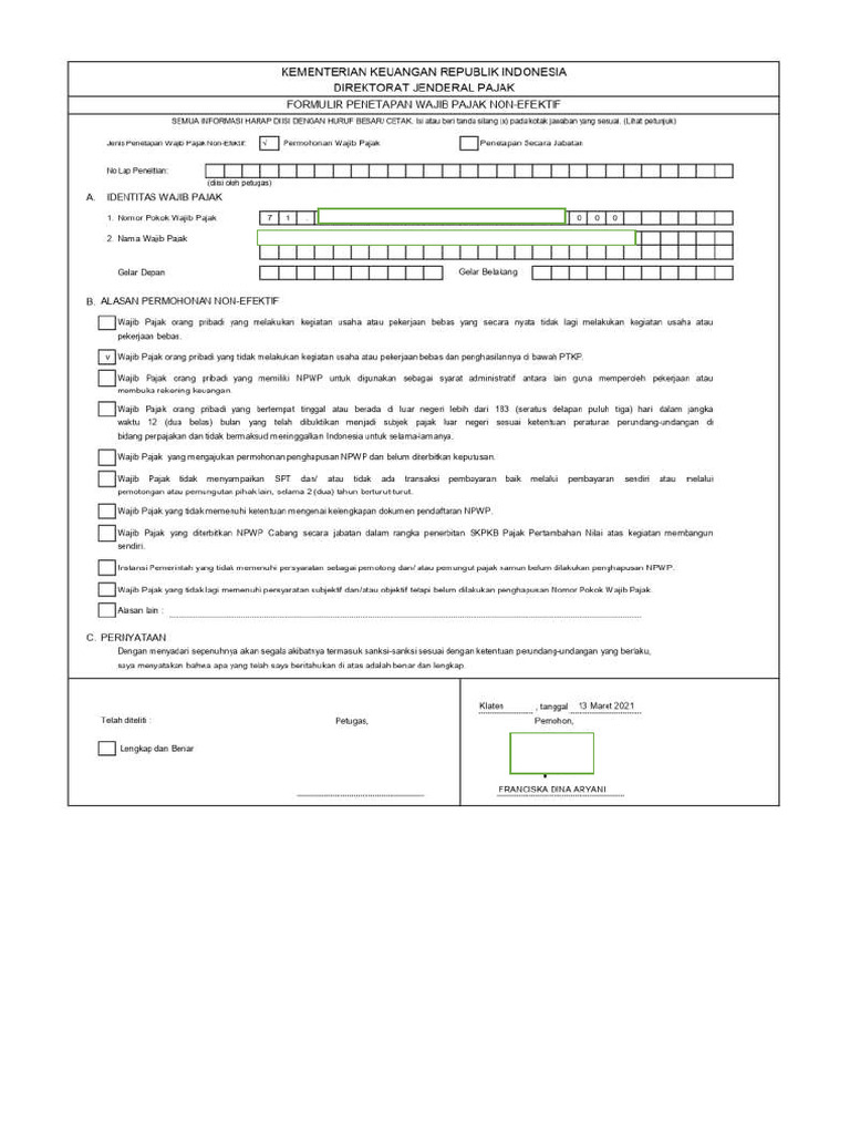 Formulir Penetapan Wajib Pajak Non-Efektif Bagi Wajib Pajak | PDF