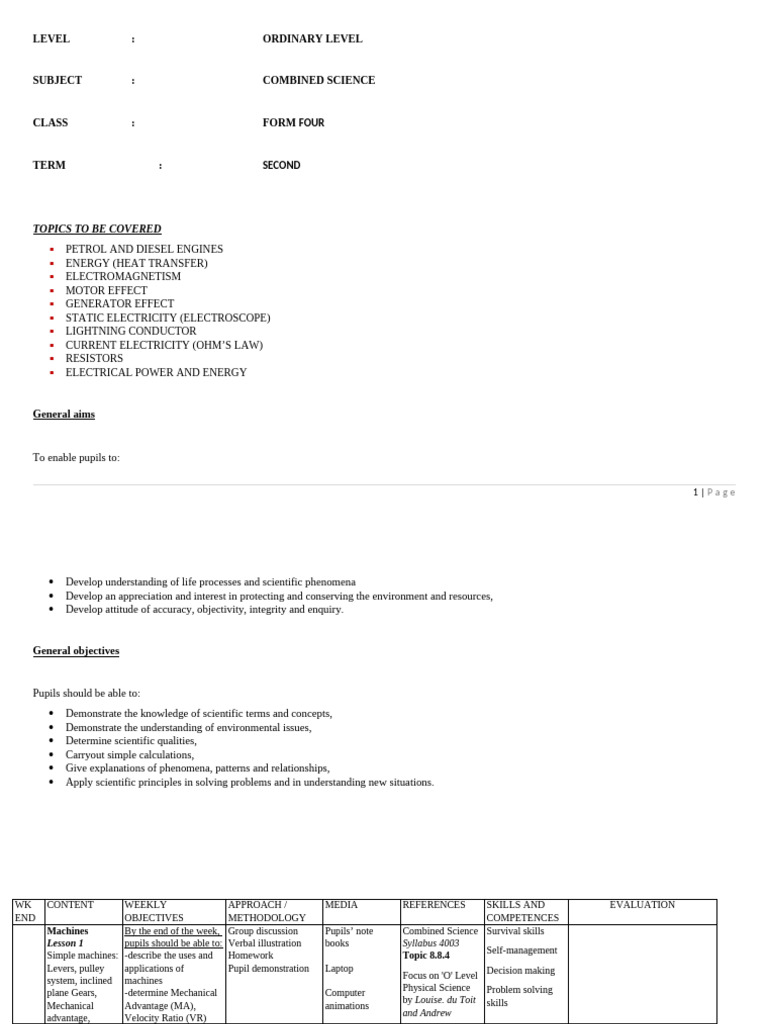 Schemes of Work 'O' Level Combined Sciences | PDF | Machines | Electric ...
