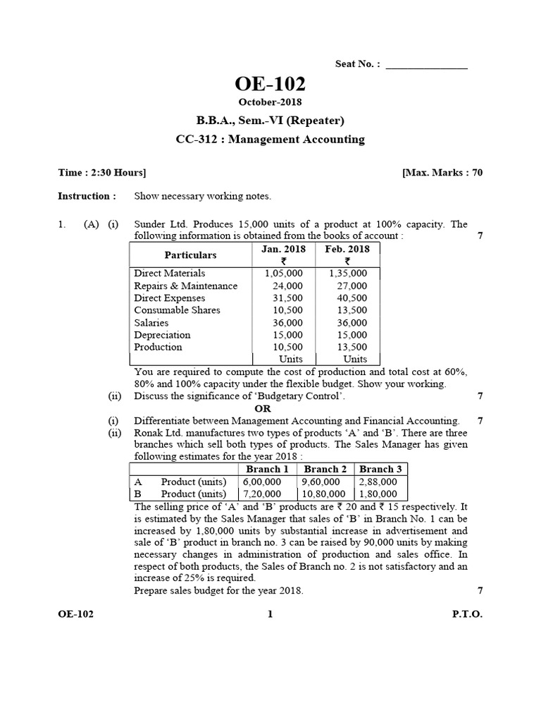 CC 312 Management Accounting Oct 2018 | PDF | Business Economics | Financial Economics