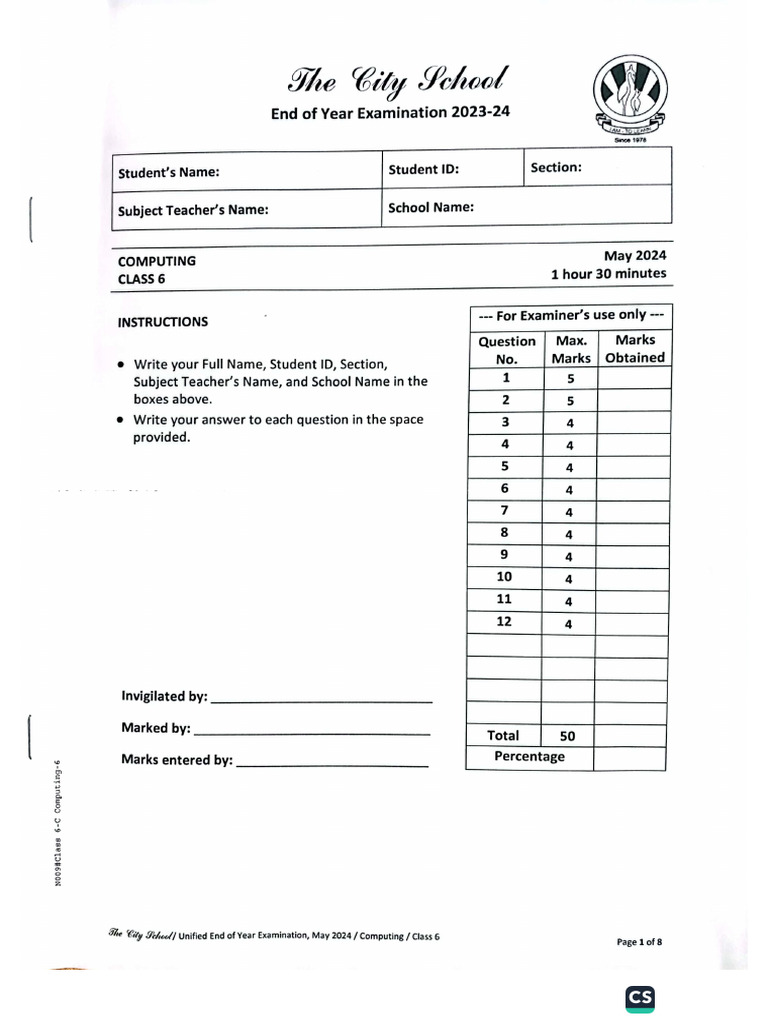 EOY Class 6 Computing 2023-24 | PDF