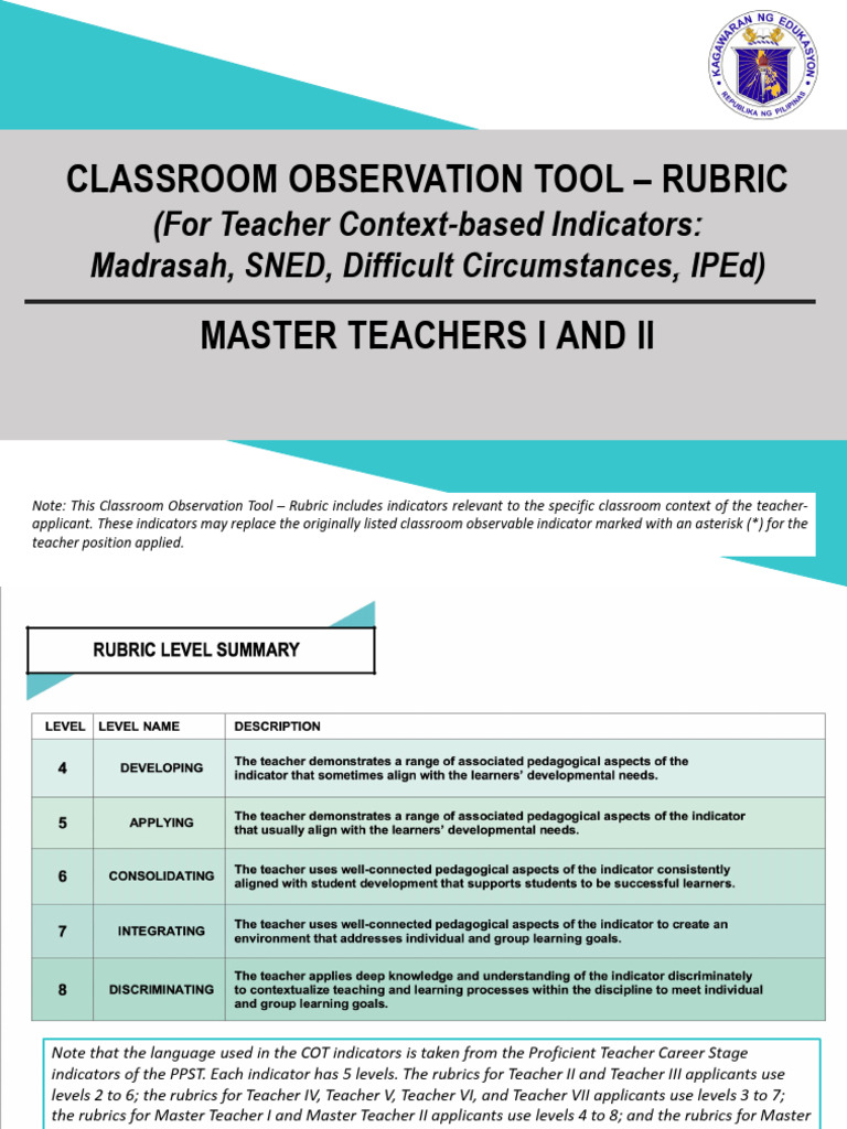 COT Rubric For Domain 3 Indicators (Master Teachers I-II Applicant) | PDF | Learning | Teachers