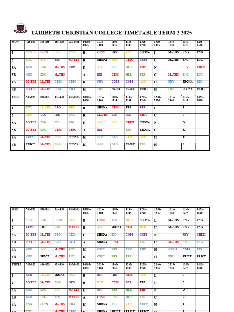 Timetable Term 2 2025 TCC | PDF | Natural Sciences