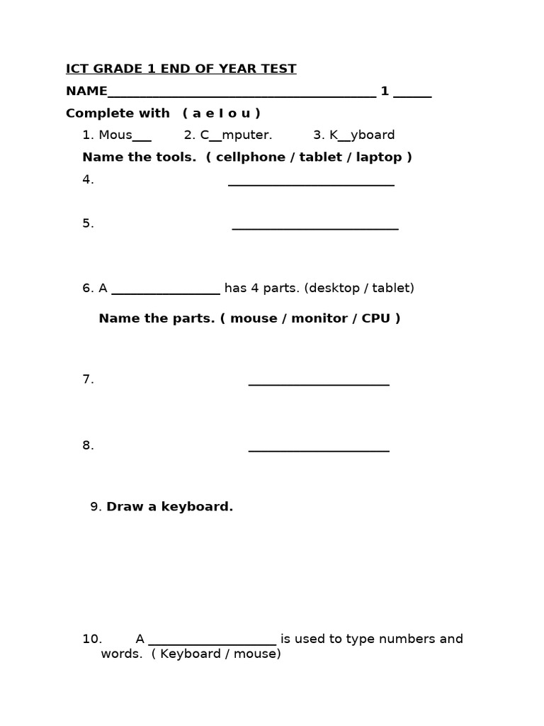 Ict Grade 1 End of Year Test | PDF