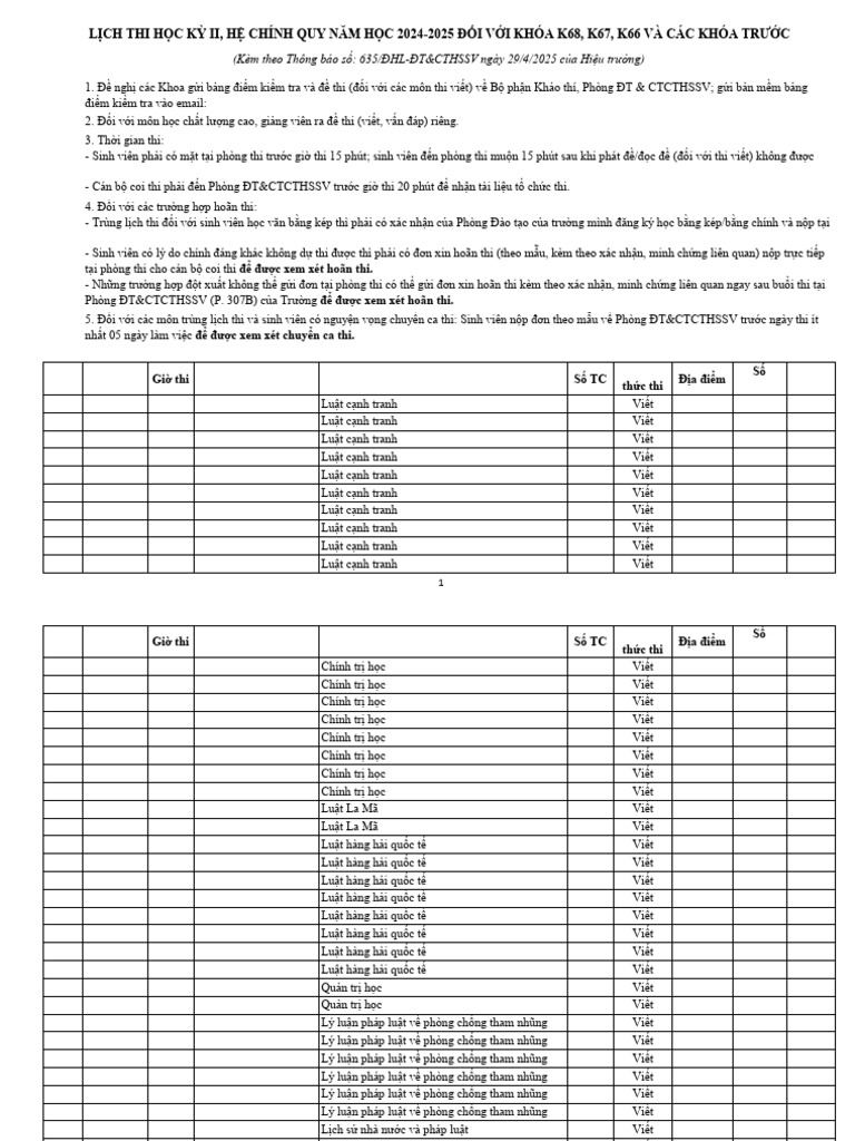 Lịch Thi K68 67 66 Và Các Khóa Trước, HKII, Năm Học 2024-2025-CHÍNH THỨC | PDF